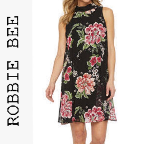 Robbie Bee | Dresses | Robbie Bee Black And Floral Swing Dress With Tie ...